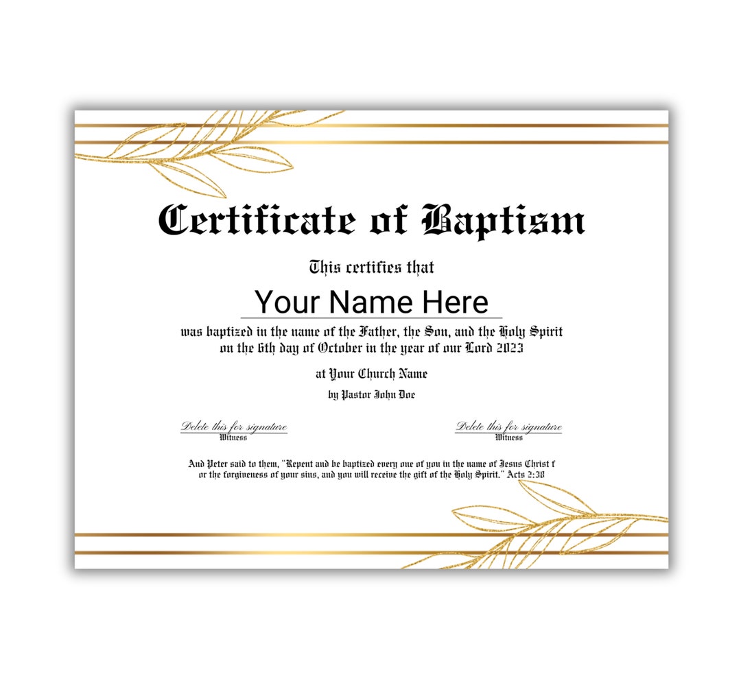 BAPTISM CERTIFICATE TEMPLATE Customizable Personalized Baptismal Record ...