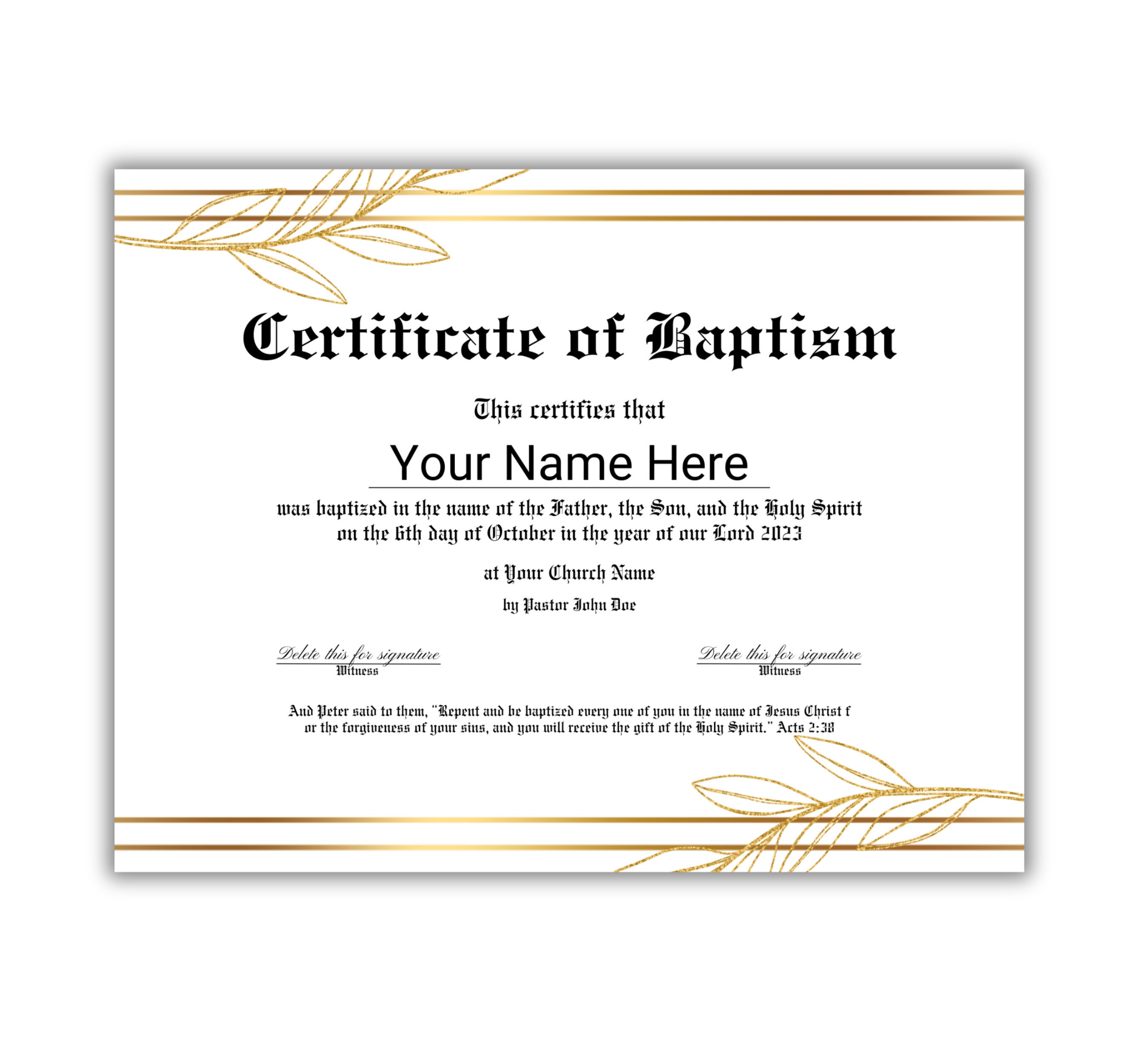 BAPTISM CERTIFICATE TEMPLATE Customizable Personalized Baptismal Record ...