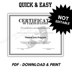 PRINTABLE Theater Arts Certificate of Participation| Drama Club ...