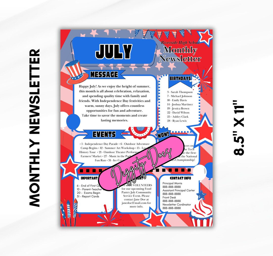 JULY MONTHLY NEWSLETTER, All Elements Are Editable, Great for Schools ...