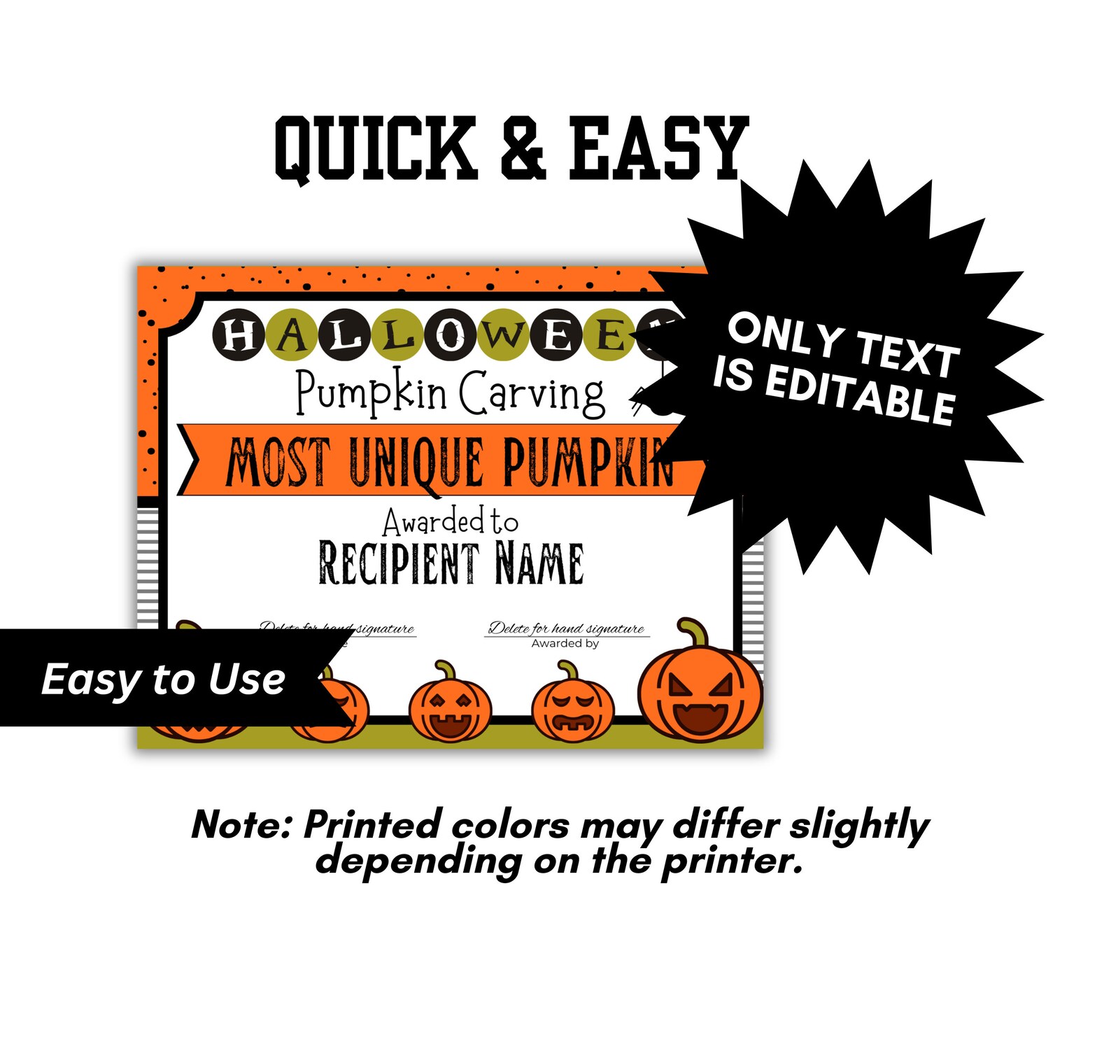 Halloween PUMPKIN CARVING Award Certificates - Fully Editable, Fun ...