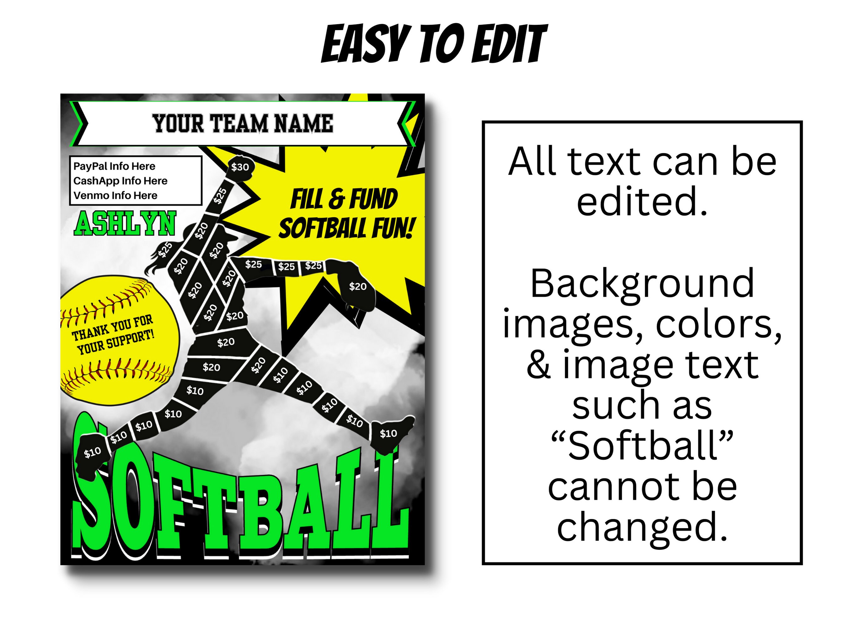 EDITABLE SOFTBALL Fill & Fund Fundraiser Softball Fundraiser Sheet AAU ...