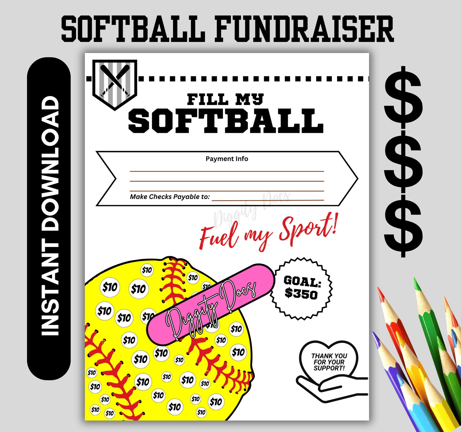 Fill My Softball Fundraiser Printable 8.5 X 11 Color-in Donation Spots ...