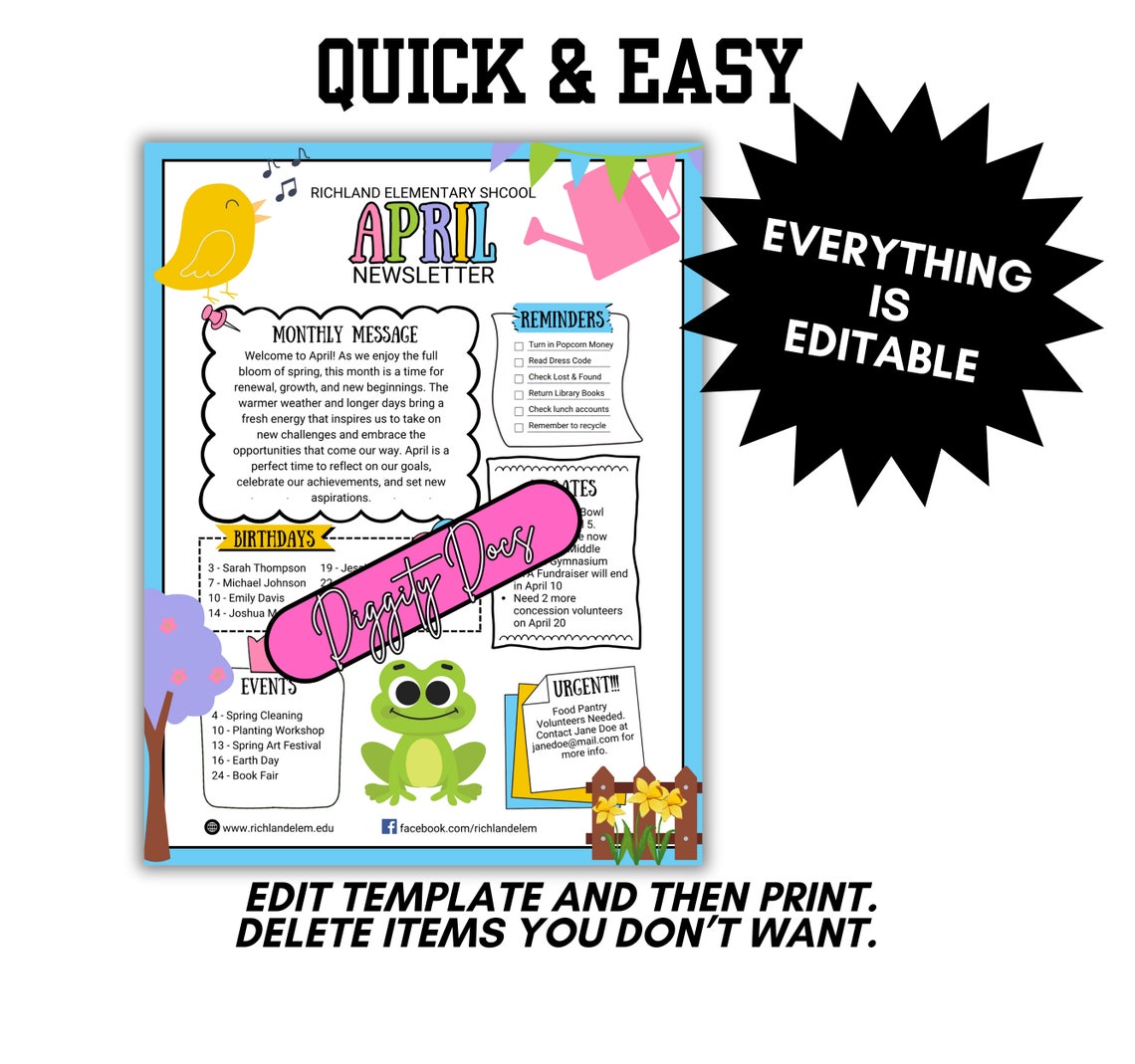 APRIL MONTHLY NEWSLETTER, All Elements Are Editable, Great for Schools ...