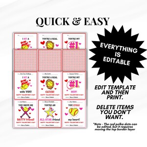 Editable Softball Valentine’s Day Cards for Kids, Printable Sports ...