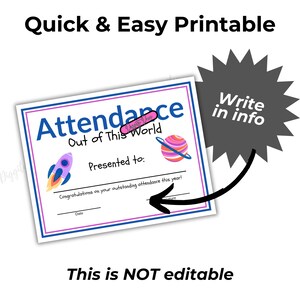 Attendance Certificate - Out of This World Attendance - Printable PDF ...