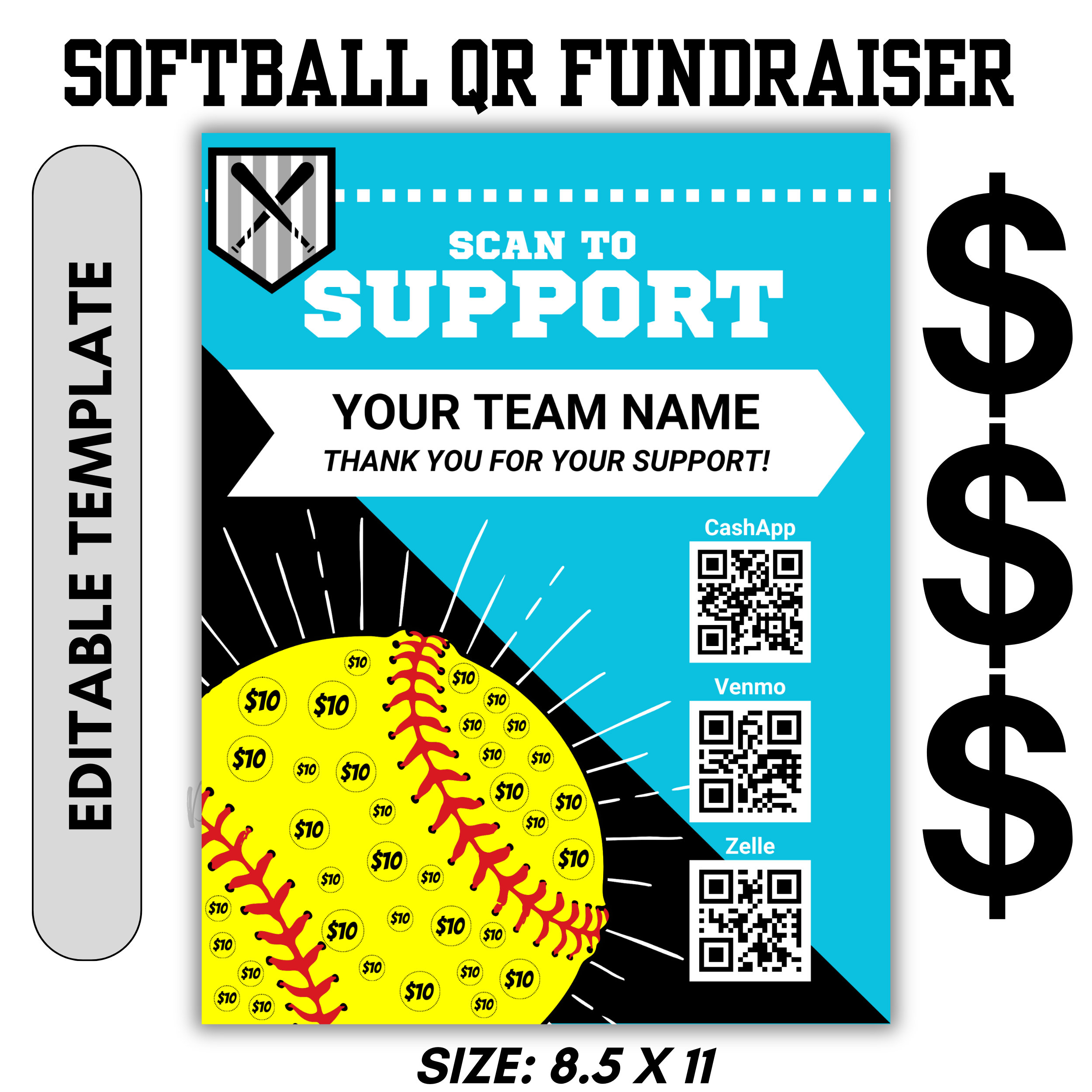 SOFTBALL Fundraiser With QR Code, Color Changing, Custom Template ...
