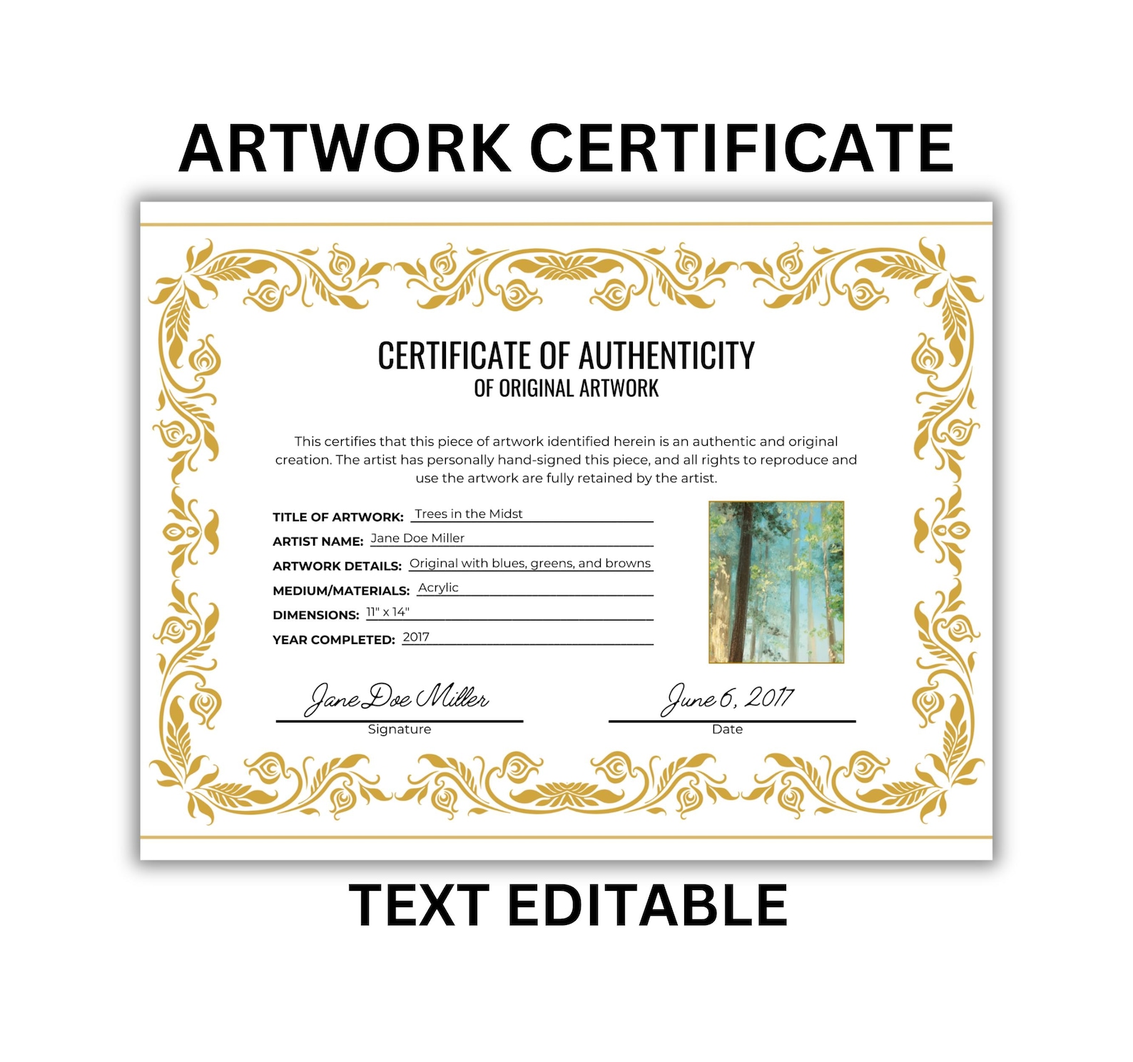 Artwork Certificate of Authenticity Template Digital Download ...