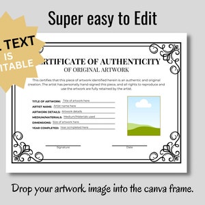 Artwork Certificate of Authenticity Template Digital Download Printable ...