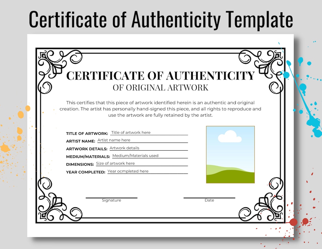 Artwork Certificate of Authenticity Template Digital Download Printable ...