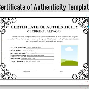 Artwork Certificate of Authenticity Template Digital Download Printable ...