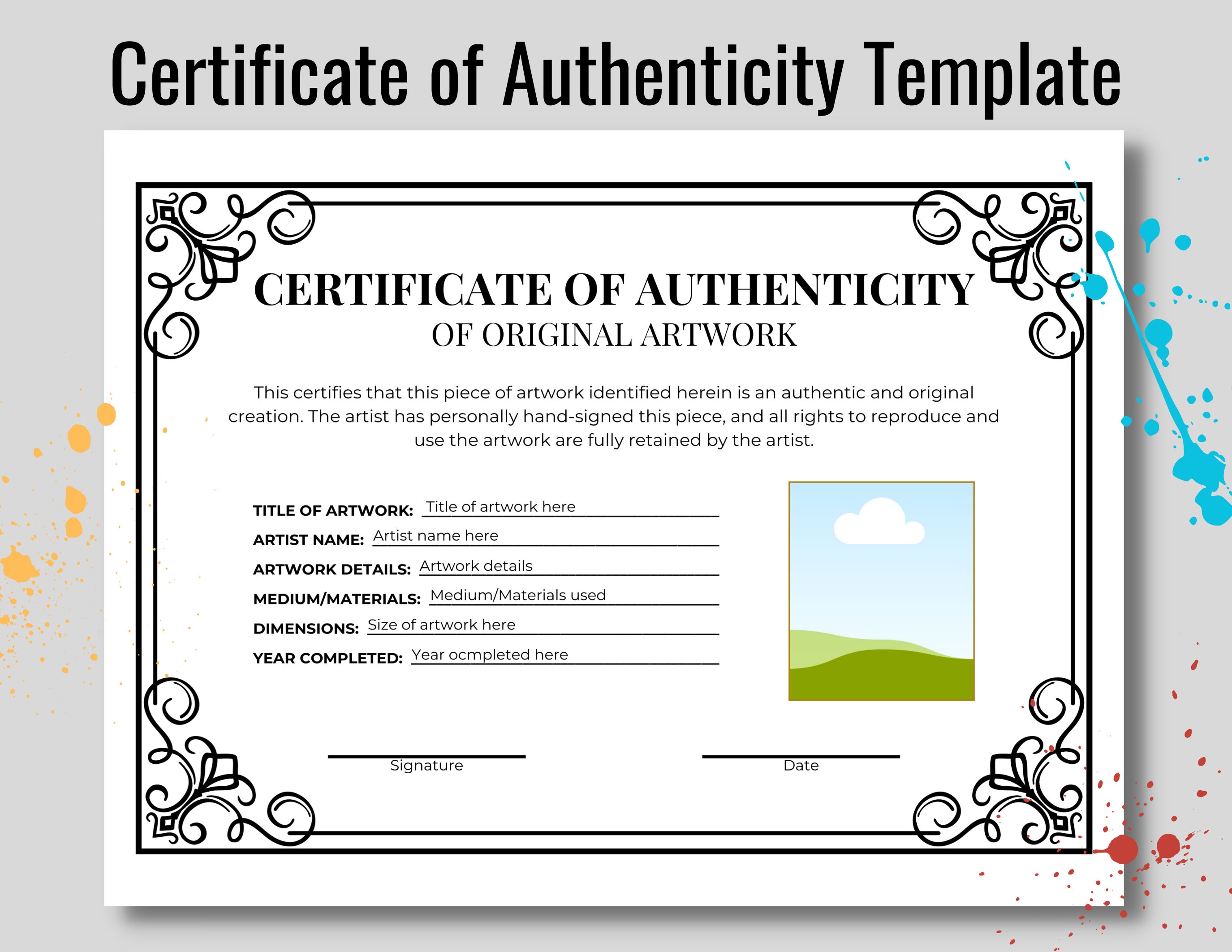 Artwork Certificate of Authenticity Template Digital Download Printable ...