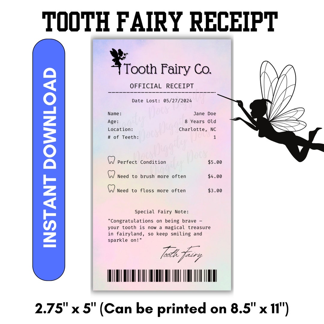 Tooth Fairy Receipt Digital Download Personalized Memorabilia 2.75x5 ...