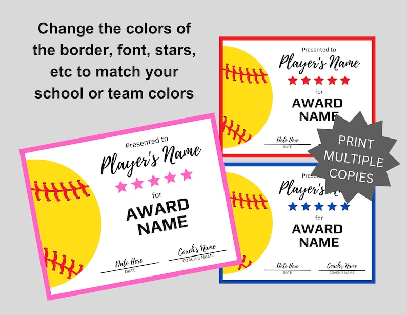 EDITABLE Softball Award Certificates Softball Awards End of Year Awards ...