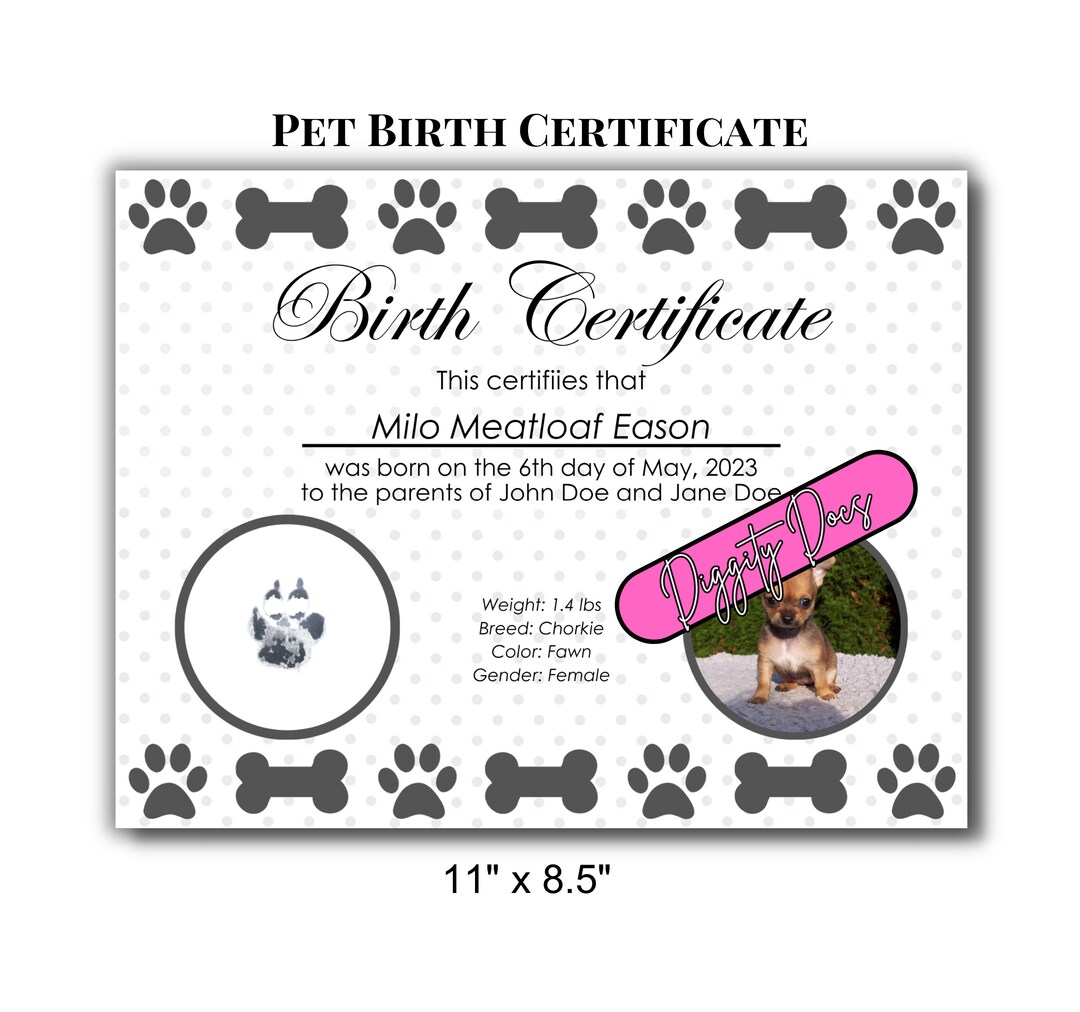 PET BIRTH Certificate: Celebrate Your Furry Friend's Arrival Puppy ...