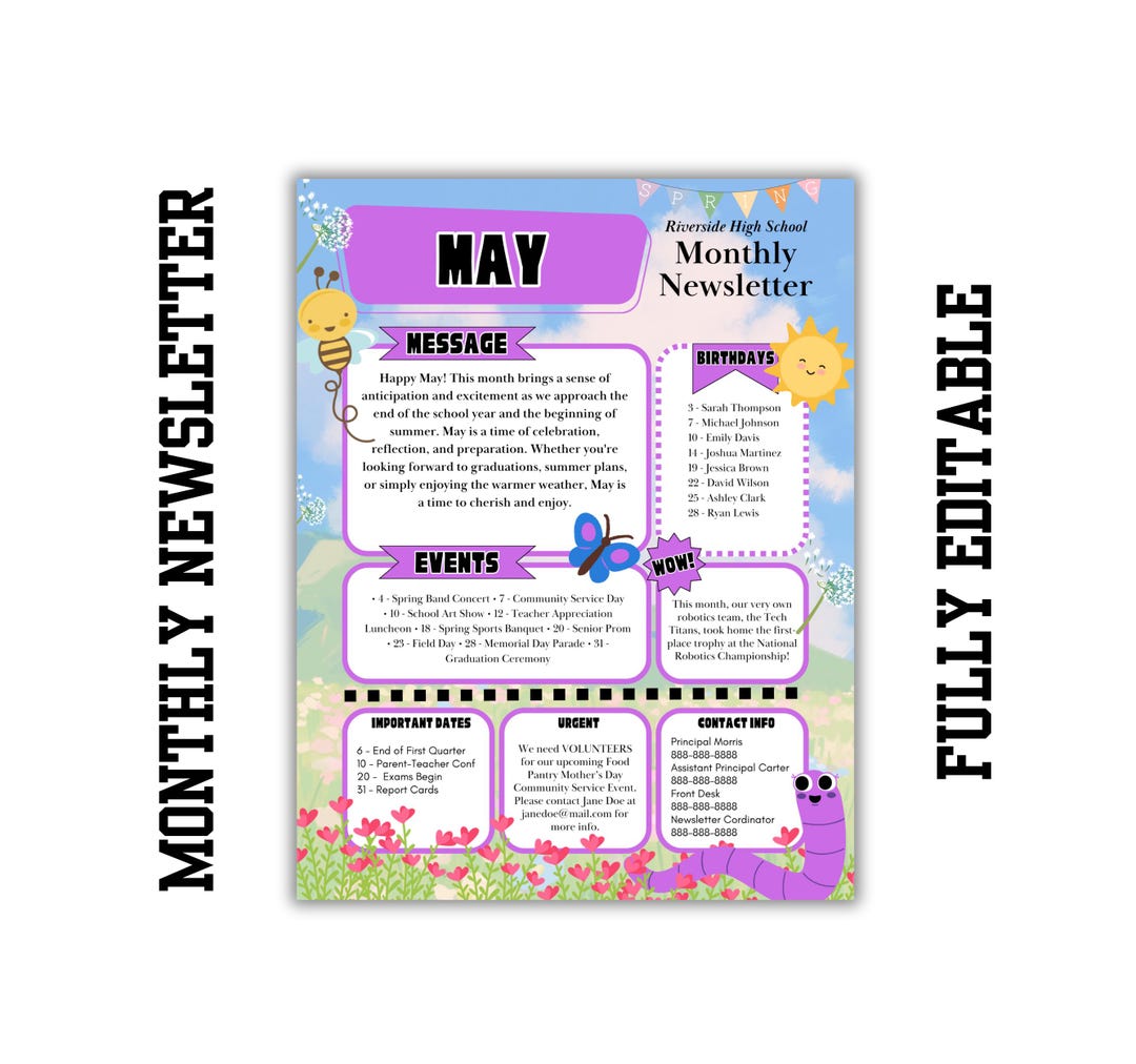MAY MONTHLY NEWSLETTER, All Elements Are Editable, Great for Schools ...