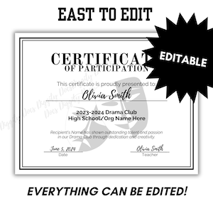 EDITABLE DRAMA CLUB Certificate of Participation| Theater Arts ...