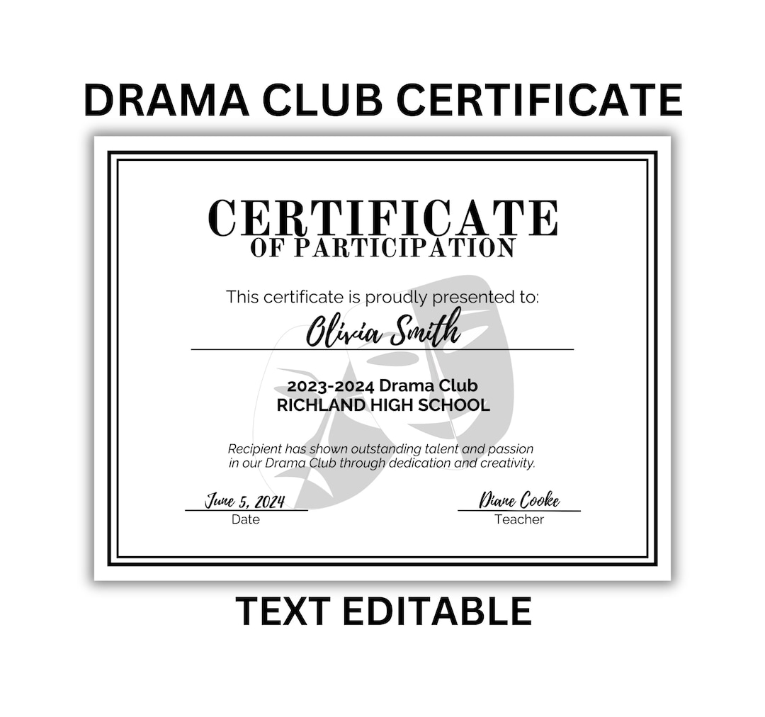 EDITABLE DRAMA CLUB Certificate of Participation| Theater Arts ...