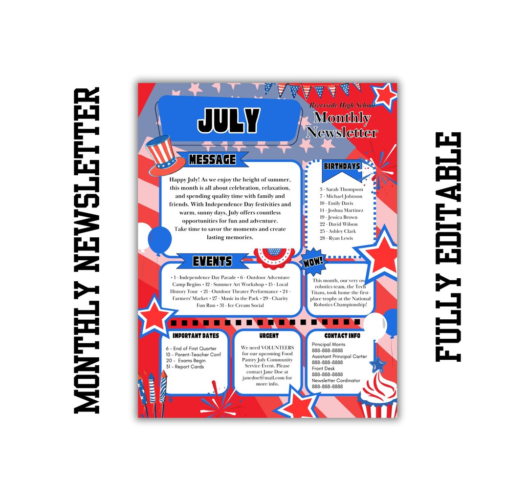 JULY MONTHLY NEWSLETTER, All Elements Are Editable, Great for Schools ...
