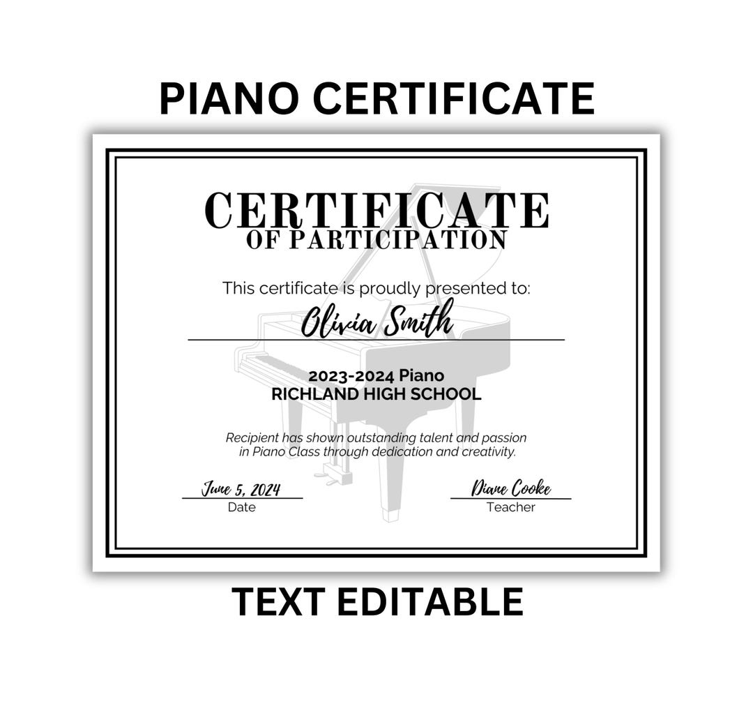 EDITABLE PIANO Participation Certificate | Piano Award | Piano Theory ...