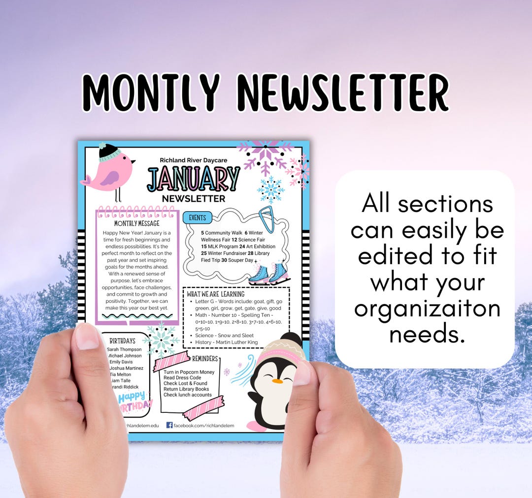 JANUARY MONTHLY NEWSLETTER, All Elements Are Editable, Great for ...