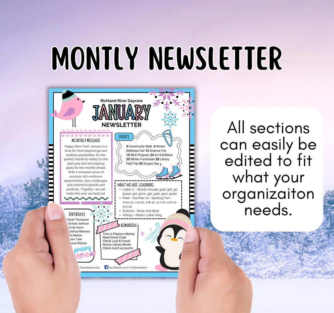 JANUARY MONTHLY NEWSLETTER, All Elements Are Editable, Great for ...