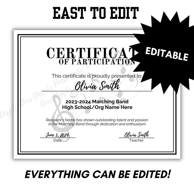 EDITABLE Marching Band Participation Certificate | 11x8.5 | Honor Your ...