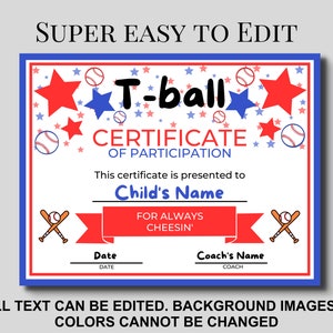 T-BALL EDITABLE Award Certificates Cute Red & Blue | Personalize and ...