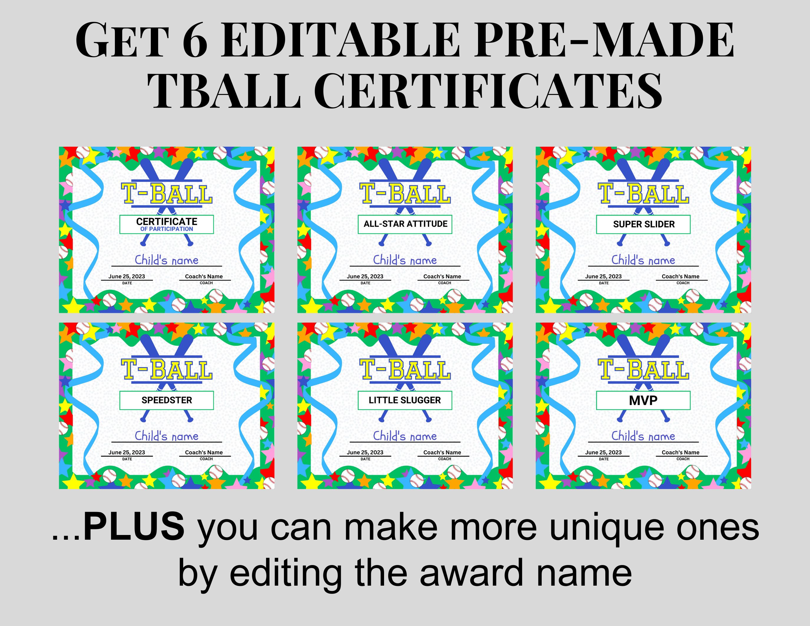 Editable T-ball Certificate Awards Personalize & Celebrate Teeball Team ...