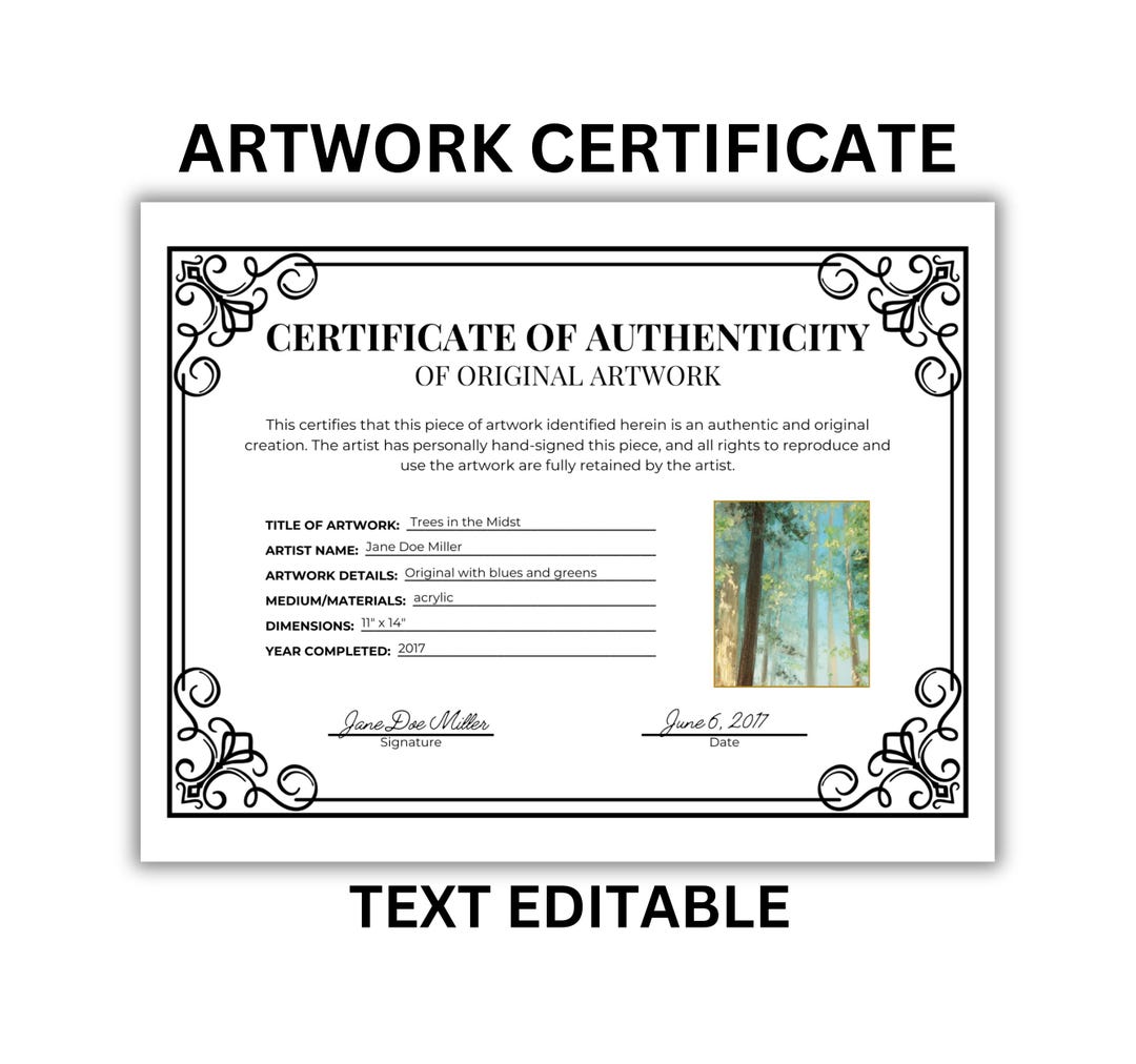 Artwork Certificate of Authenticity Template Digital Download ...