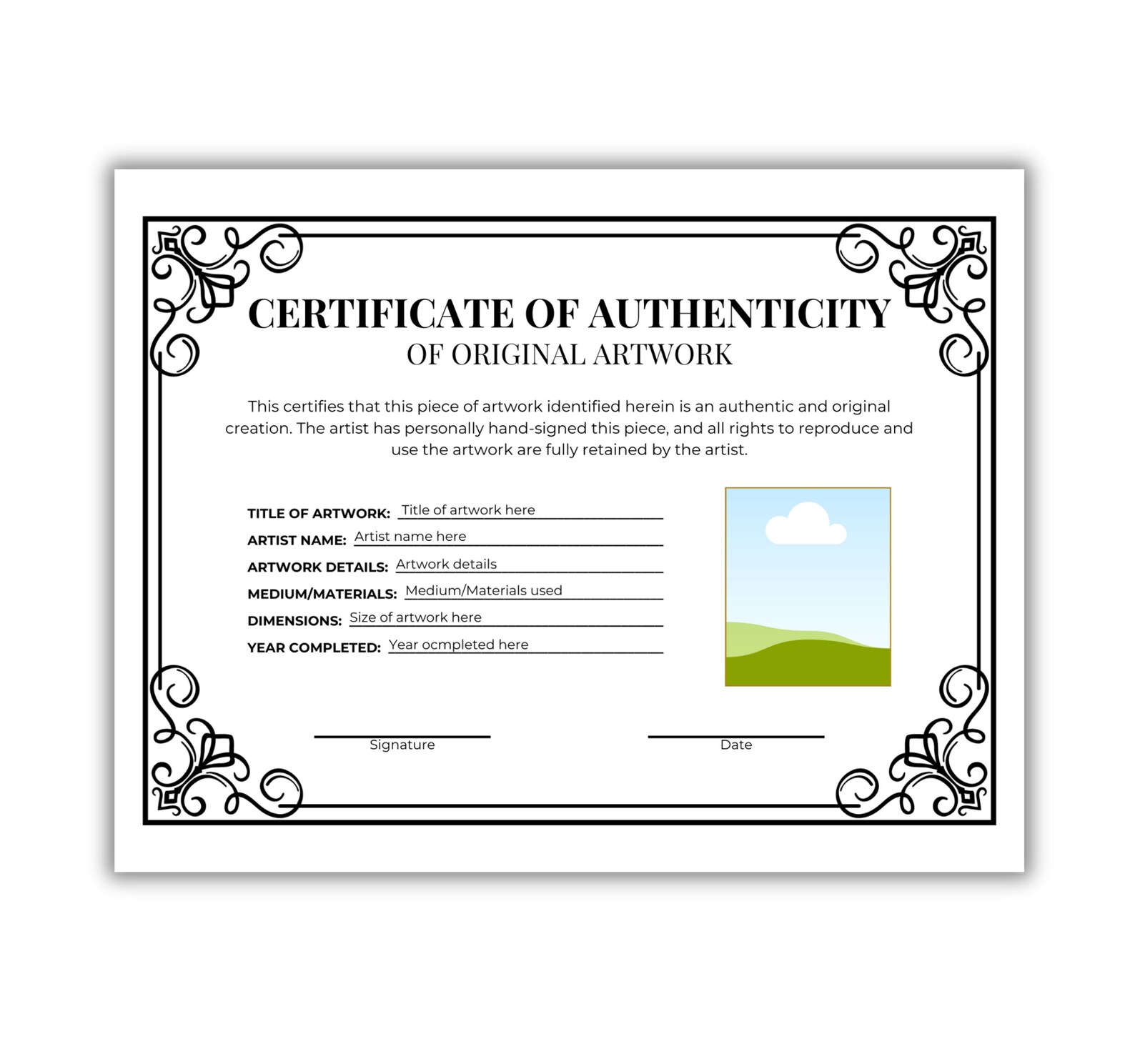 Artwork Certificate of Authenticity Template Digital Download Printable ...