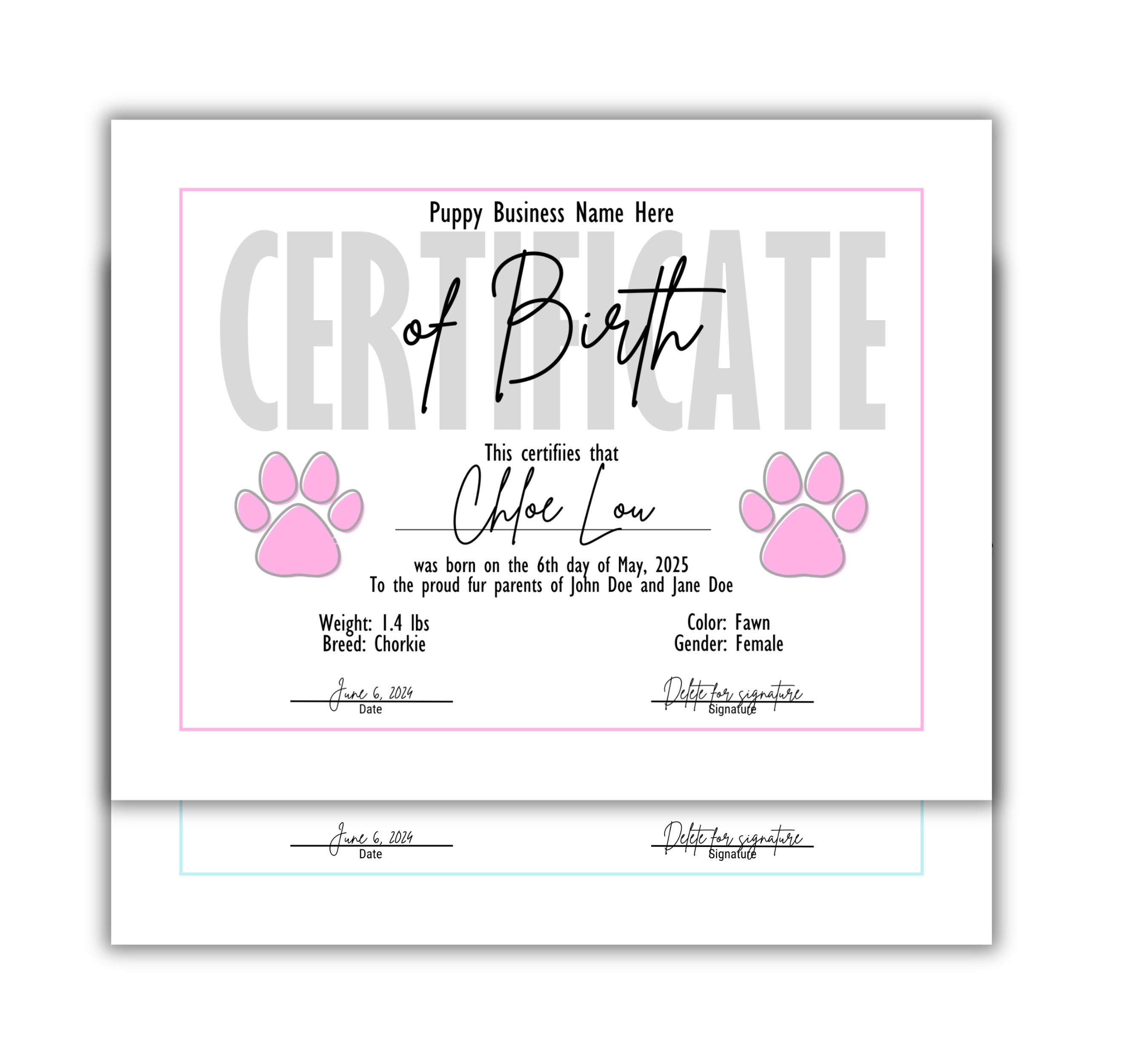 PET BIRTH Certificate: Celebrate Your Furry Friend's Arrival! Puppy ...