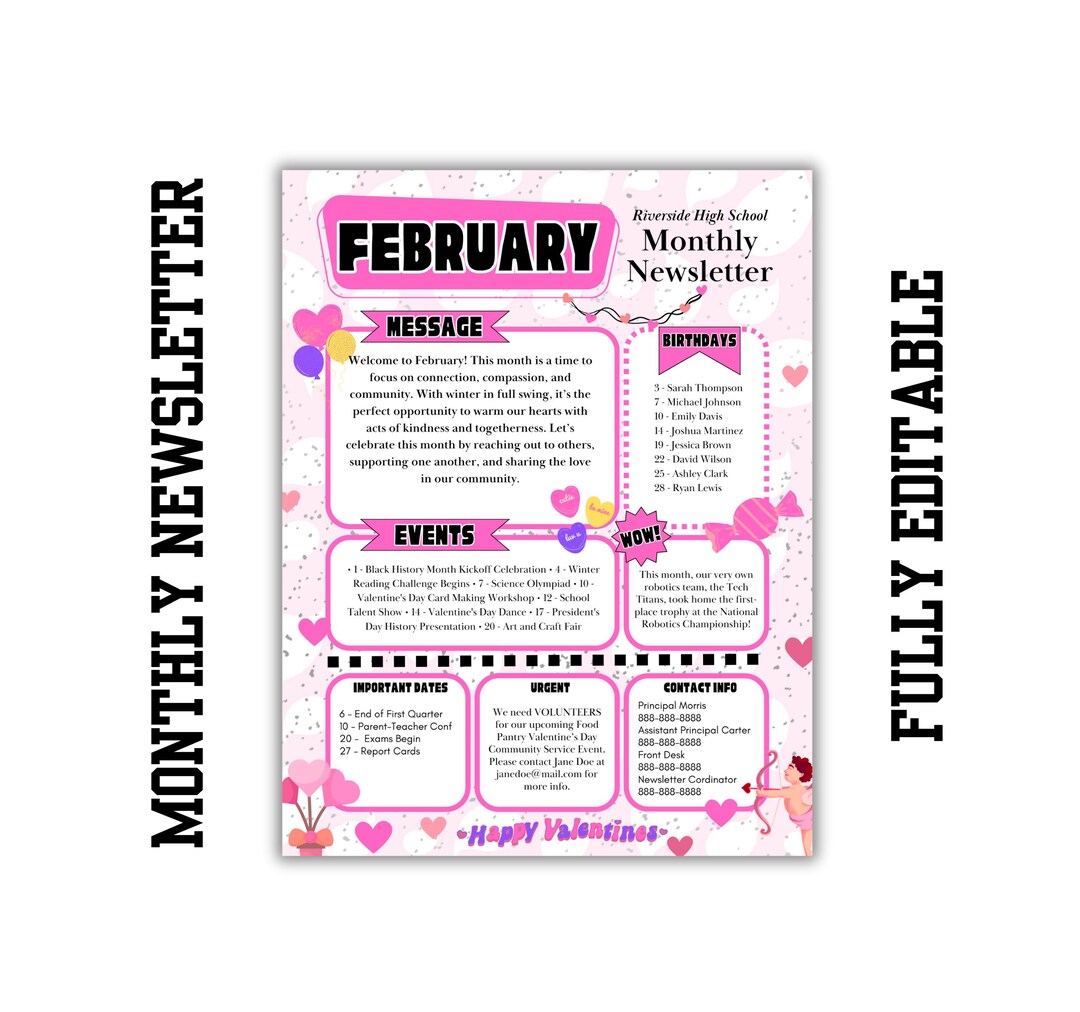 FEBRUARY MONTHLY NEWSLETTER, All Elements Are Editable, Great for ...