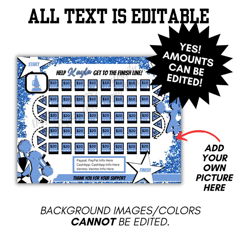 LARGE UNIQUE CHEER Fill in Fundraiser Game Board Editable Cheer ...