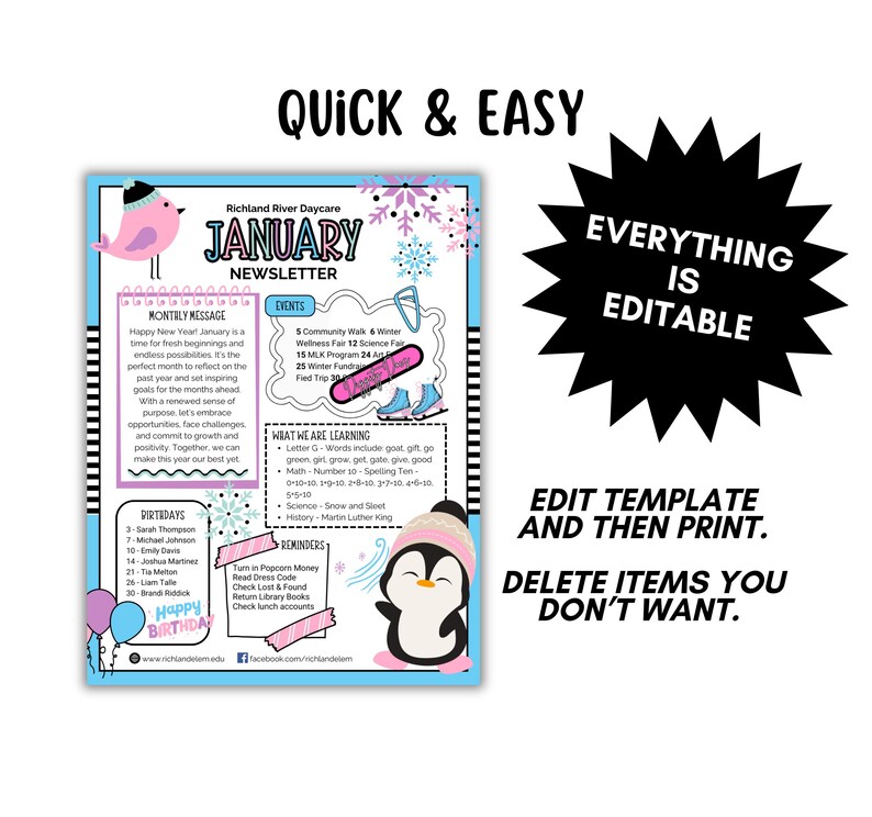 JANUARY MONTHLY NEWSLETTER, All Elements Are Editable, Great for ...