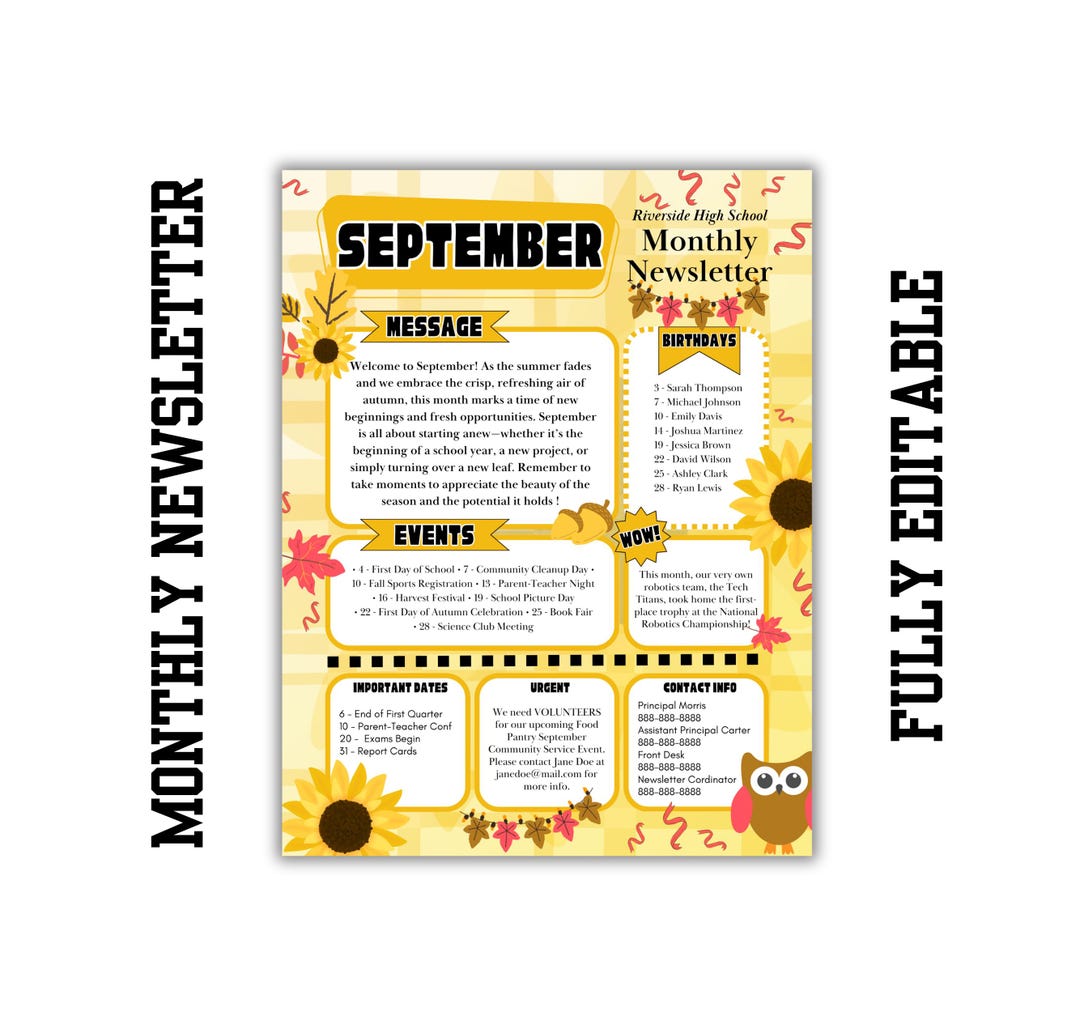 SEPTEMBER MONTHLY NEWSLETTER, All Elements Are Editable, Great for ...