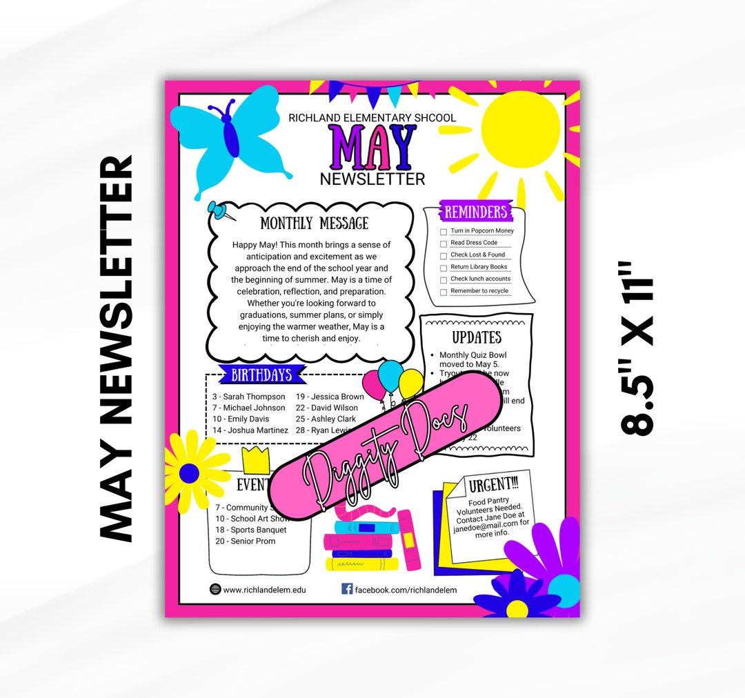 MAY MONTHLY NEWSLETTER, All Elements Are Editable, Great for Schools ...
