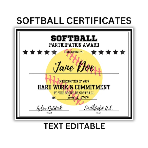 Softball Award Template - Etsy