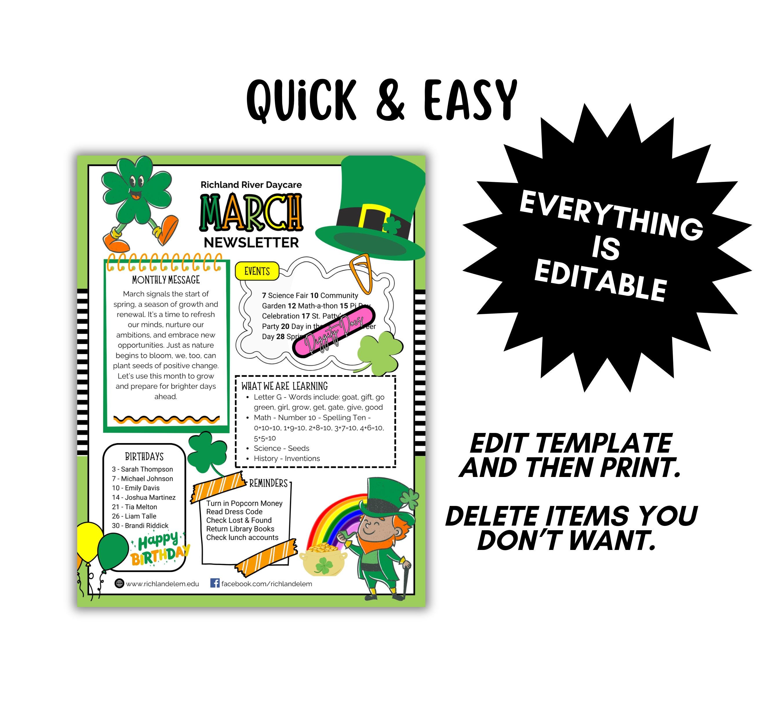 MARCH MONTHLY NEWSLETTER, All Elements Are Editable, Great for Schools ...
