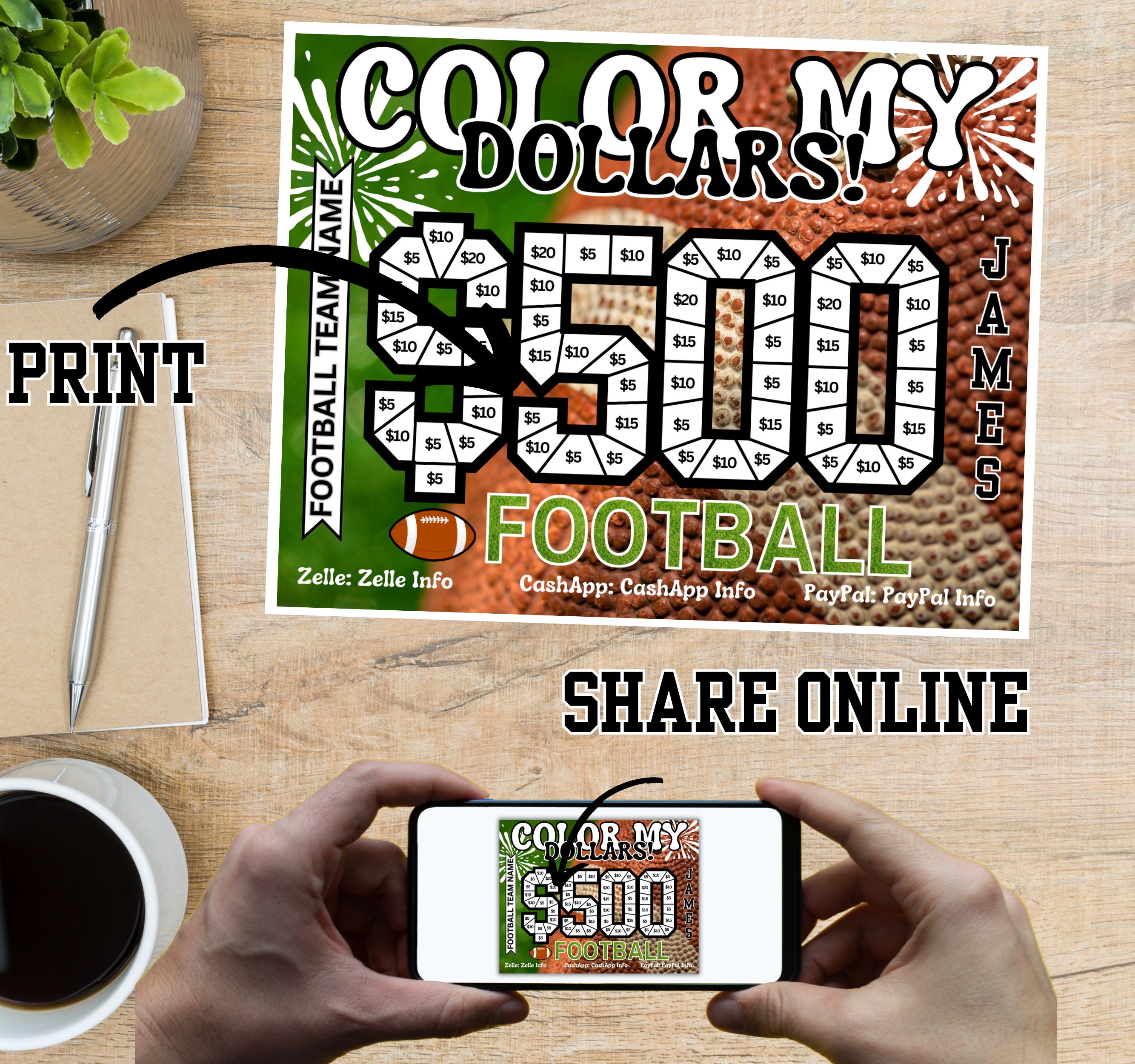 FULLY EDITABLE Color My Dollars, Fill My Football, Youth Football, Pee ...