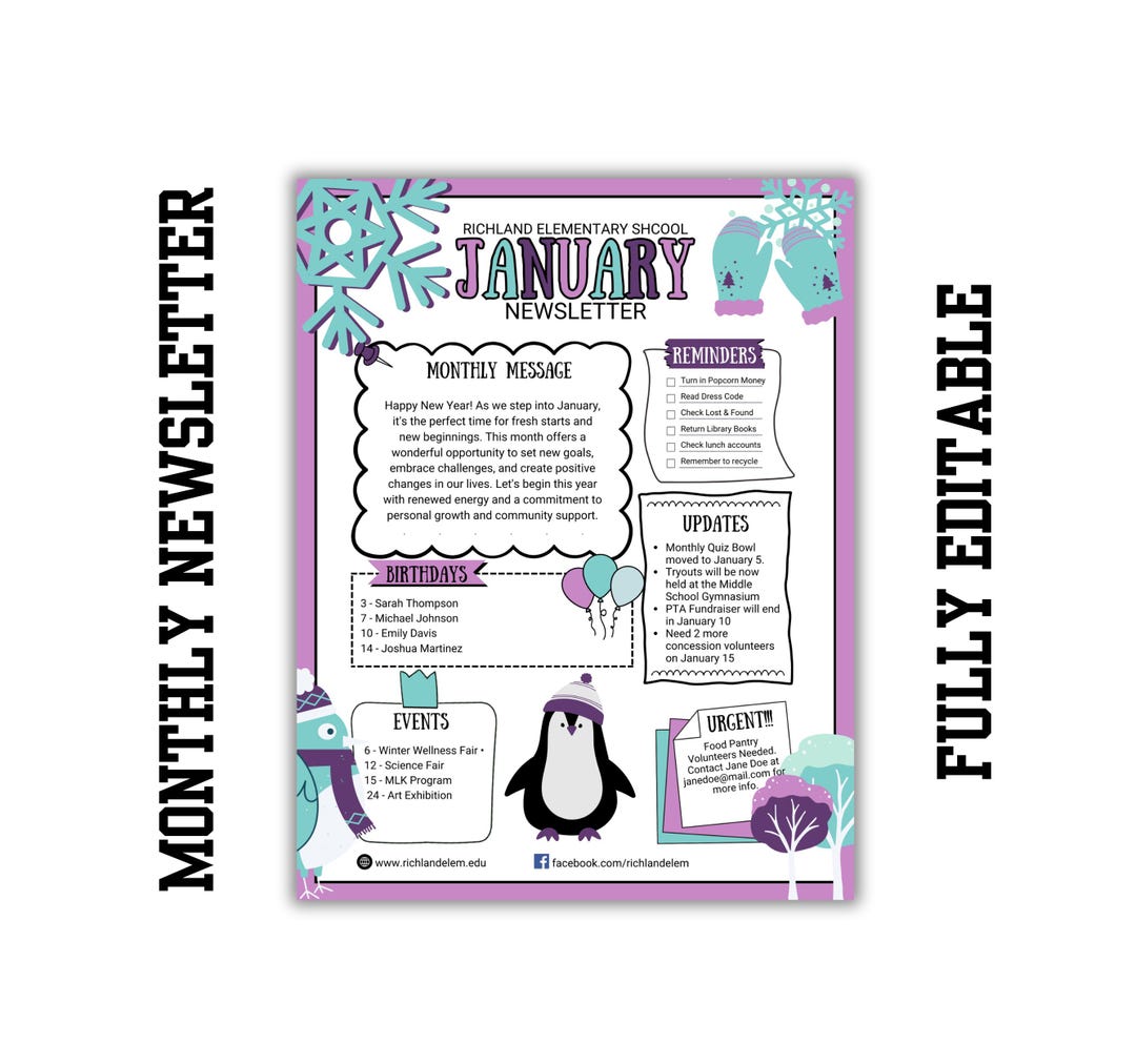 JANUARY MONTHLY NEWSLETTER, All Elements Are Editable, Great for ...