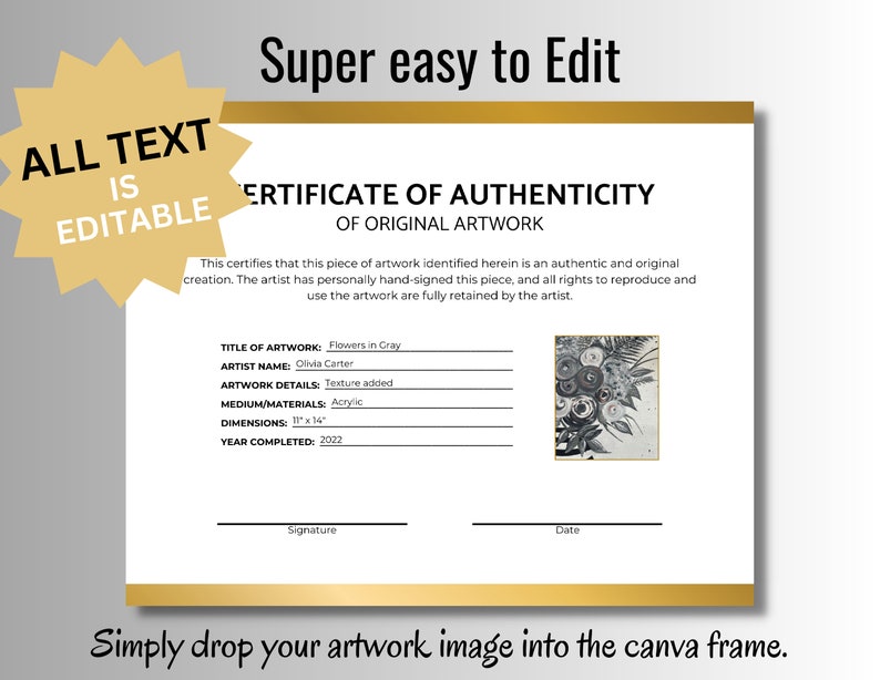 Artwork Certificate of Authenticity Template Digital Download - Etsy