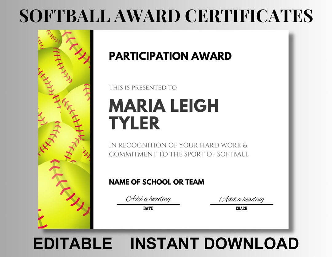 SOFTBALL Award Certificate Templates MVP Award Softball - Etsy