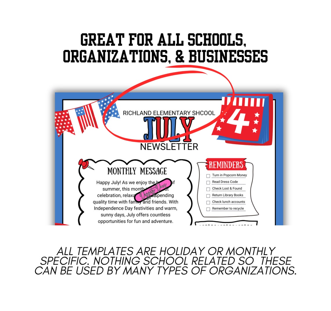 JULY MONTHLY NEWSLETTER, All Elements Are Editable, Great for Schools ...