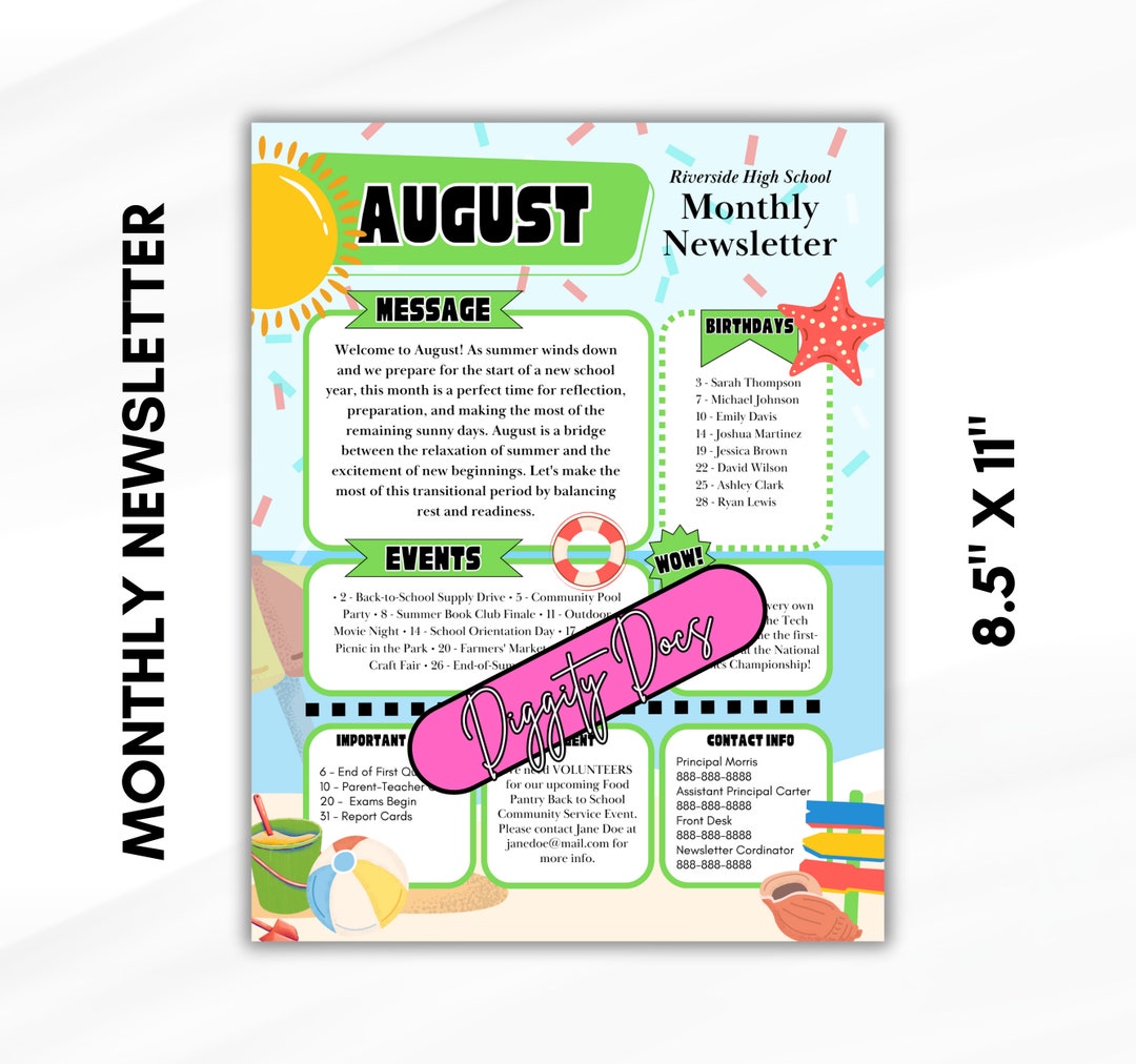 AUGUST MONTHLY NEWSLETTER, All Elements Are Editable, Great for Schools ...
