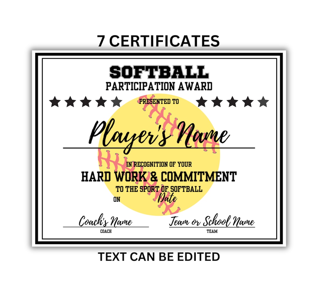 SOFTBALL CERTIFICATES Editable Softball Awards End of Year Awards ...