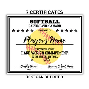 SOFTBALL CERTIFICATES Editable Softball Awards End of Year Awards ...