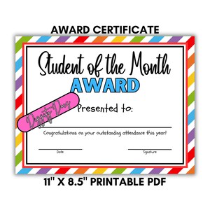 STUDENT of the MONTH Certificate School Award Printable PDF School ...