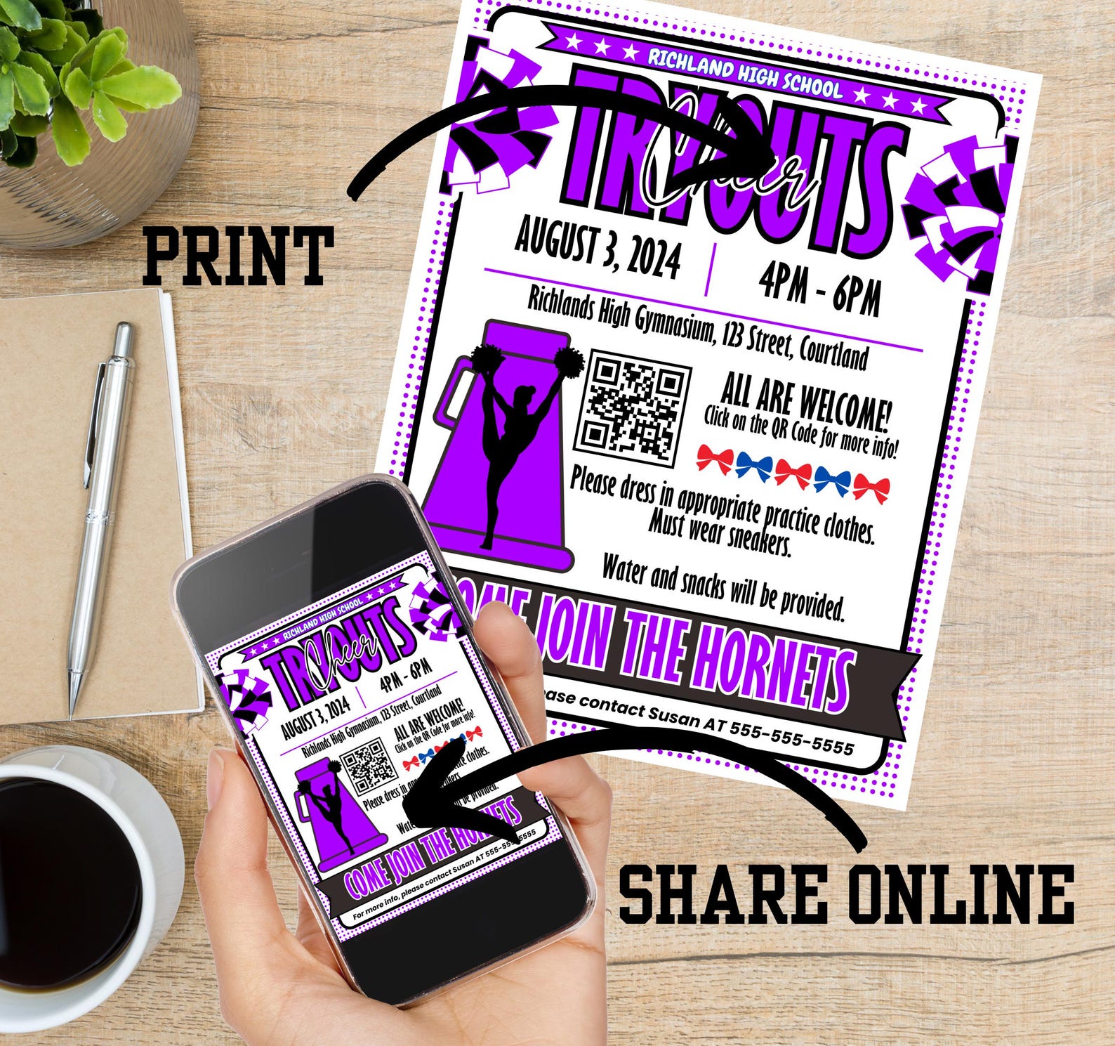 EDITABLE CHEER TRYOUT Flyer for High School or Competitive Cheer, Fully ...