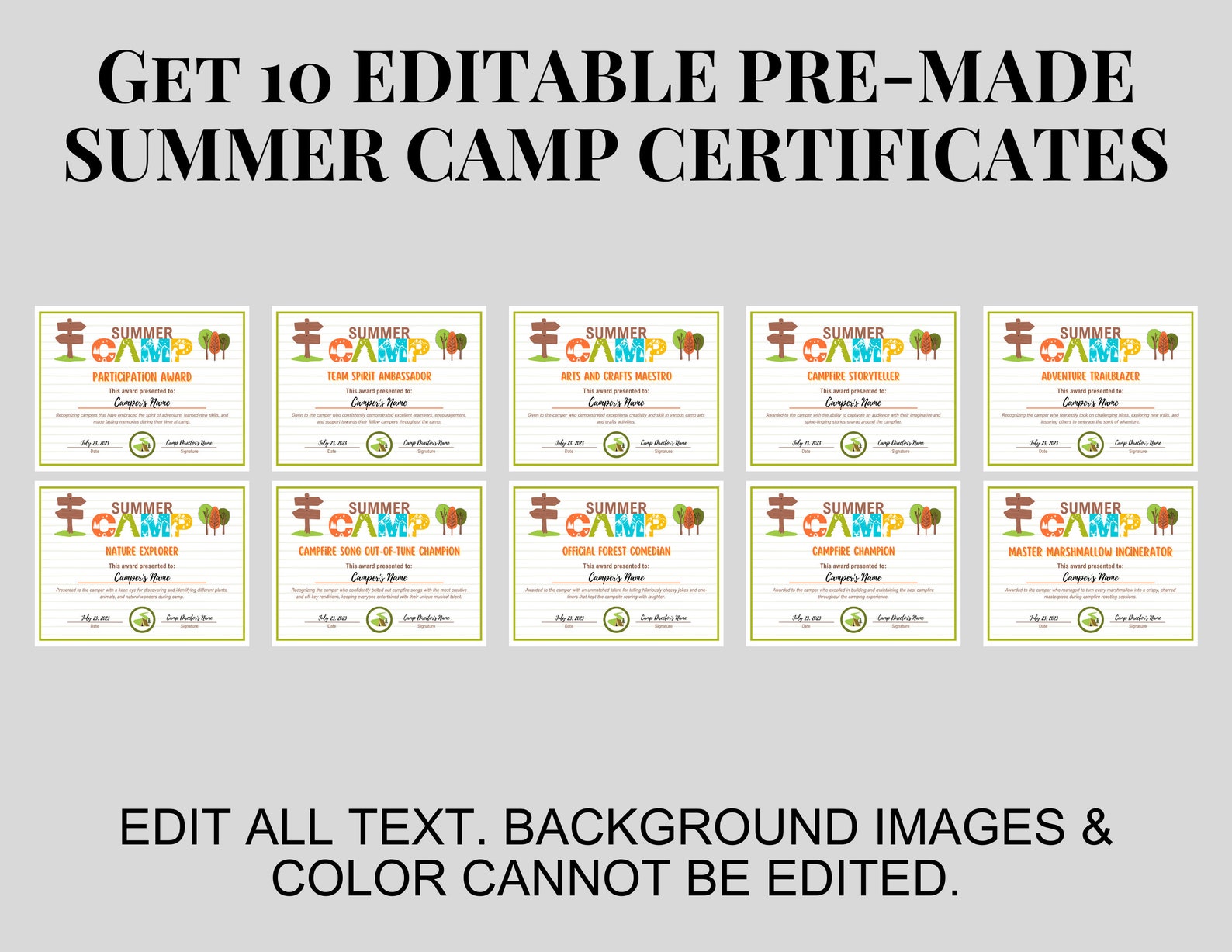Editable Summer Camp Certificates Personalize and Celebrate Camp ...